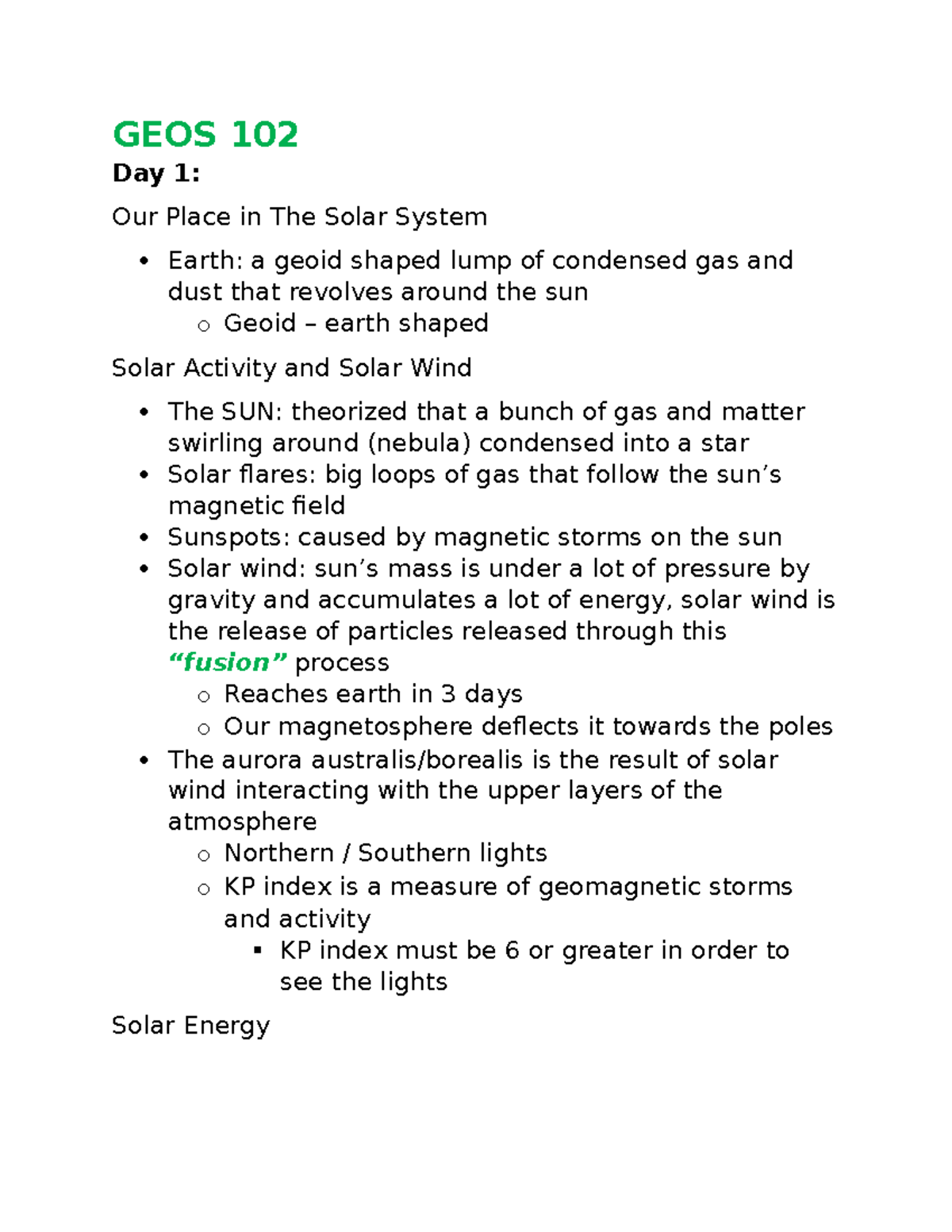 GEOS 102 - NOTES - GEOS 102 Day 1: Our Place in The Solar System Earth ...