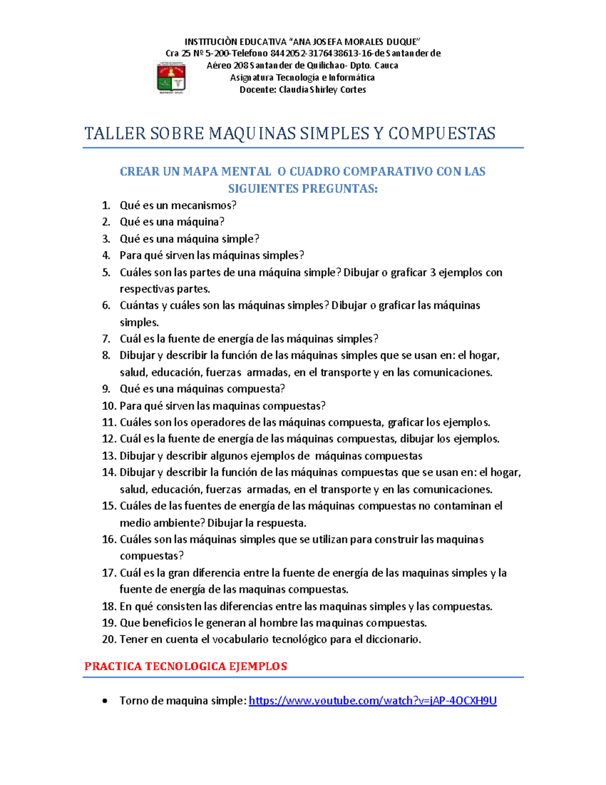 Taller sobre maquinas simples y compuestas - INSTITUCIÒN EDUCATIVA “ANA JOSEFA MORALES DUQUE ...
