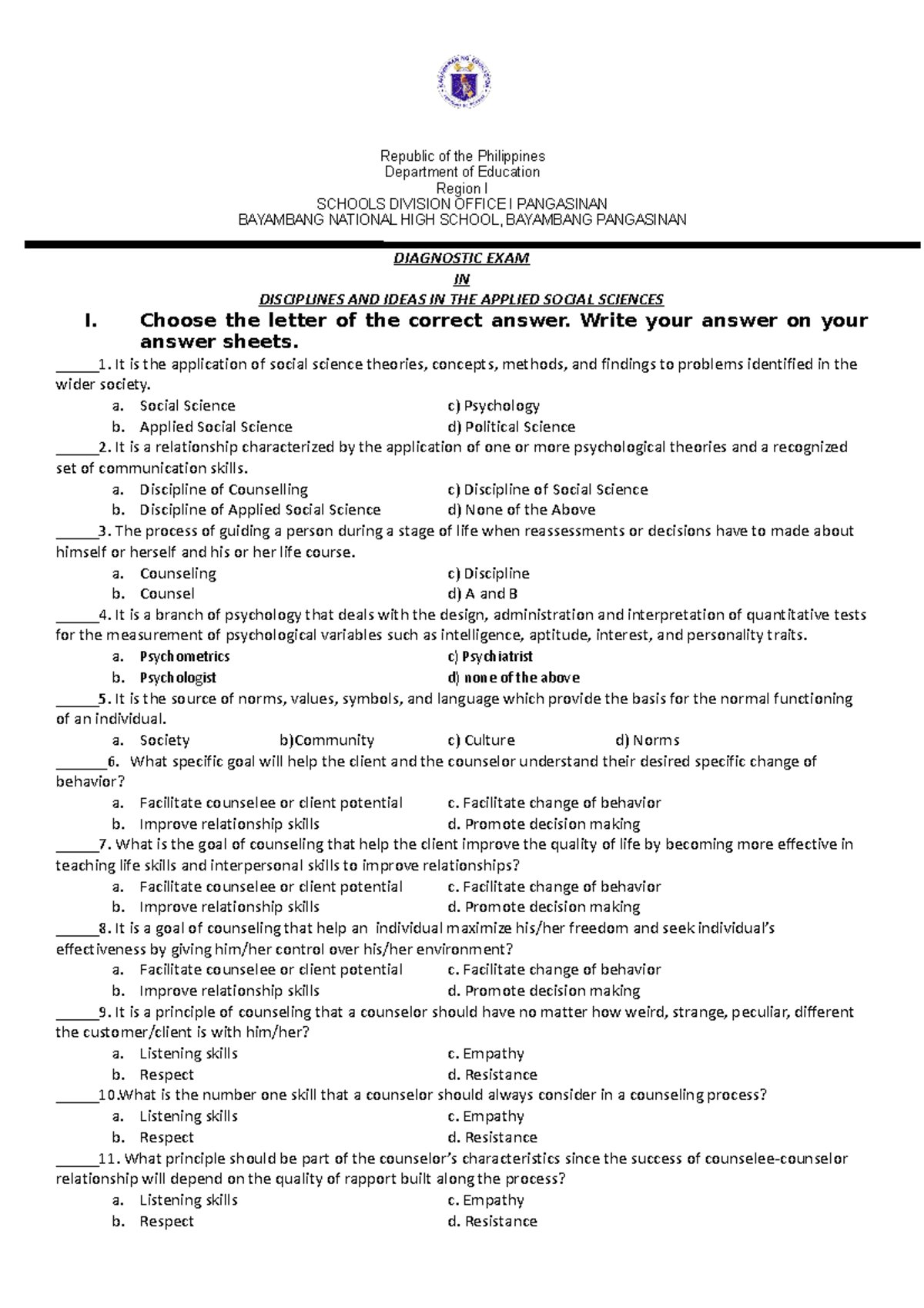 Diass Diagnostic TEST 2022 - Republic of the Philippines Department of ...