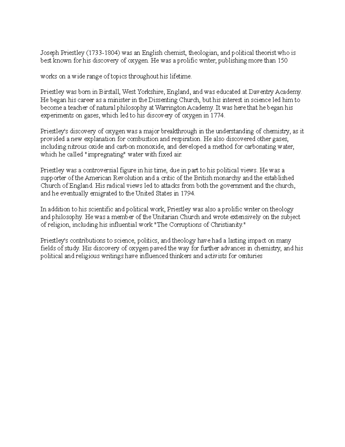 Joseph Priestley - about scientist lectures on physics and chemistry ...