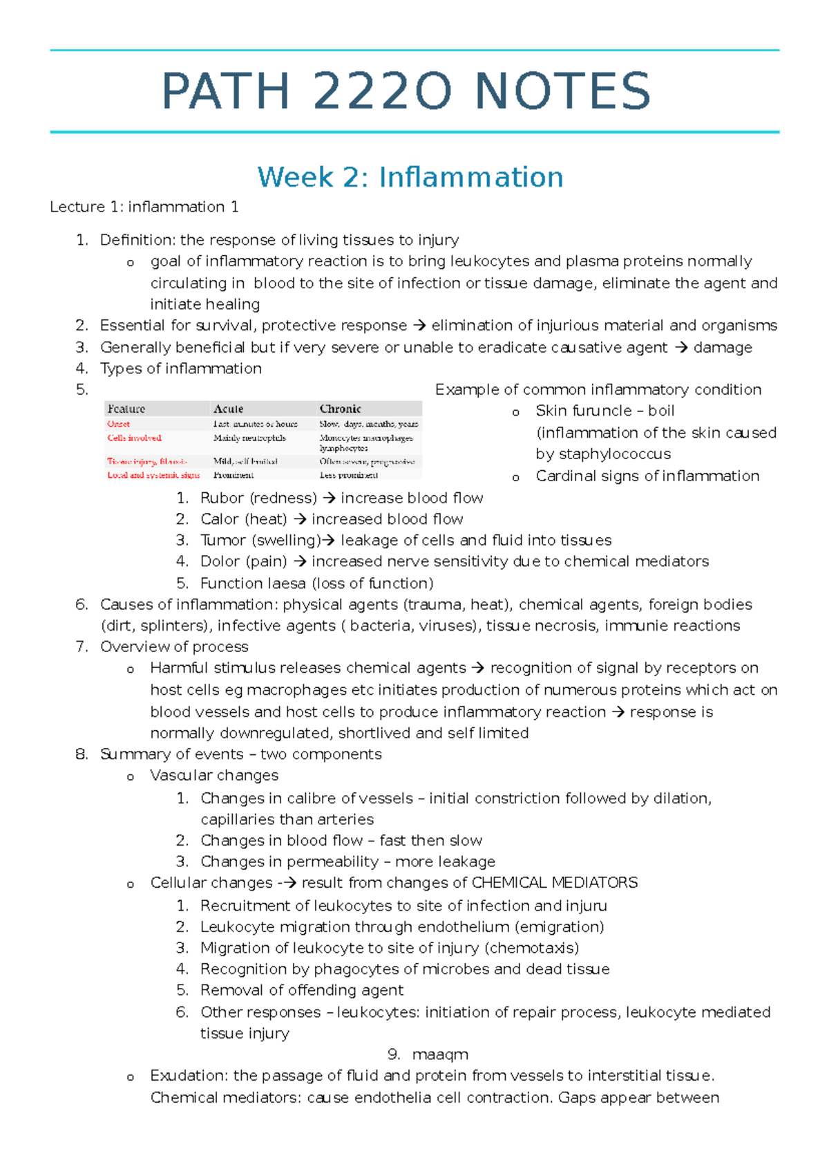 PATH2220 notes - very detailed - PATH 222O NOTES Week 2: Inflammation ...