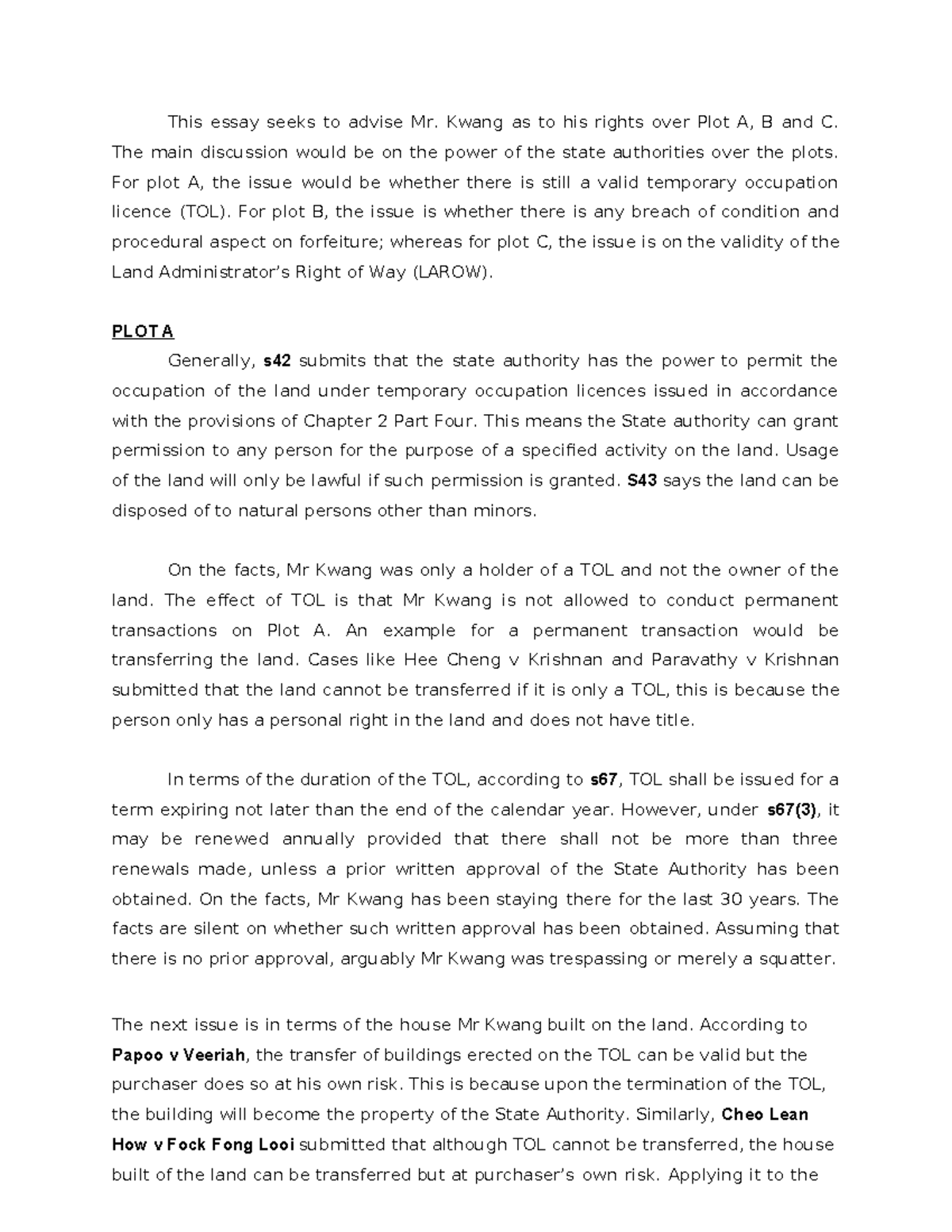 Land law tutorial 4 - good - This essay seeks to advise Mr. Kwang as to ...