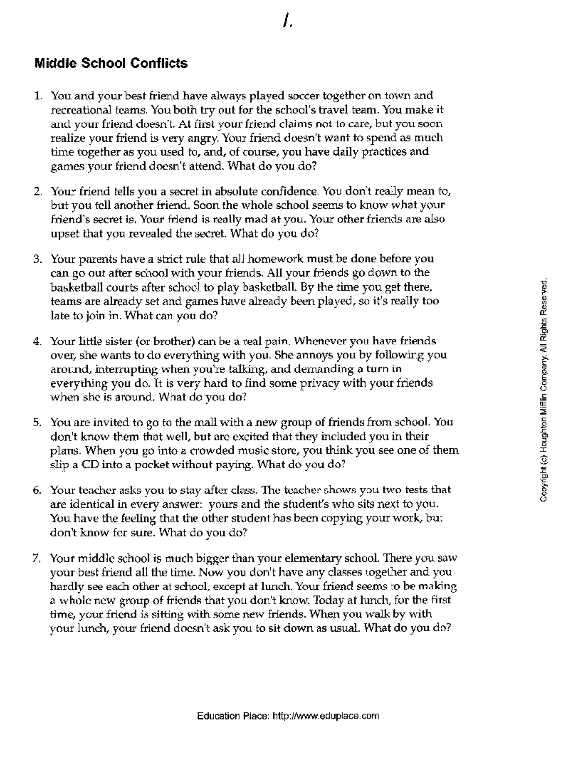 1 Middle School scenarios - 1. Middle School Conflicts 1. You and your ...