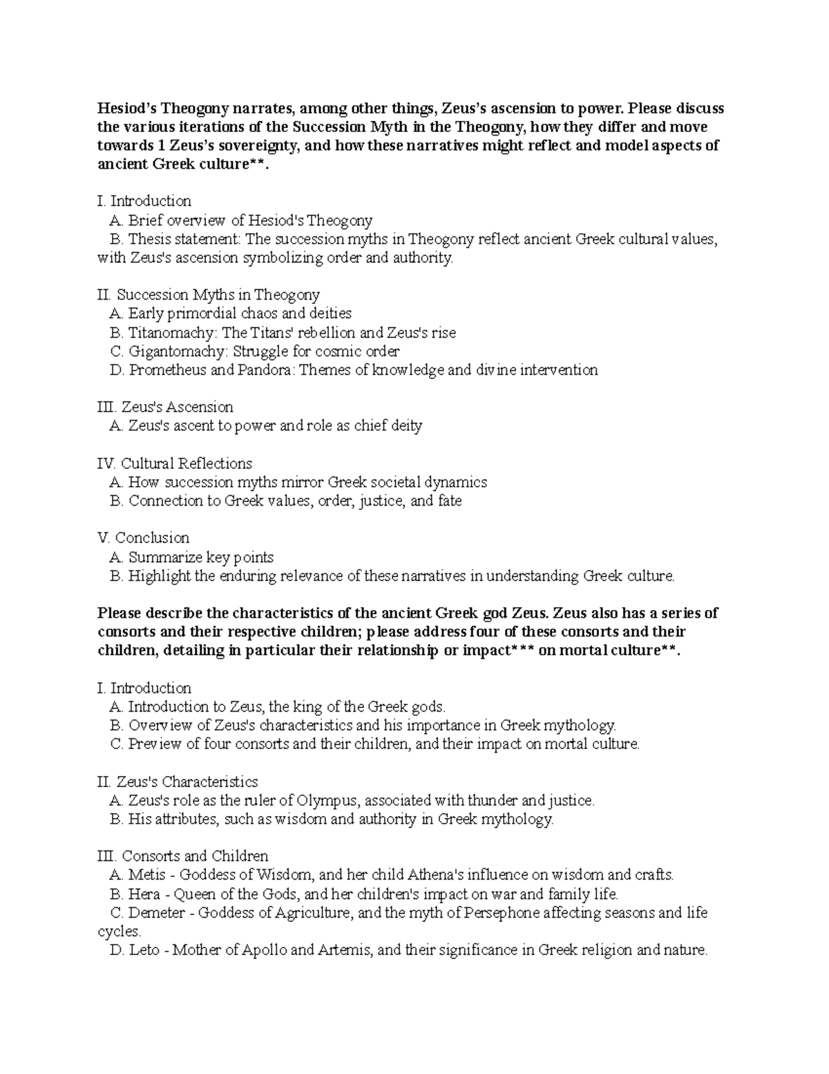 GRS Essay Outlines - Hesiod’s Theogony narrates, among other things ...