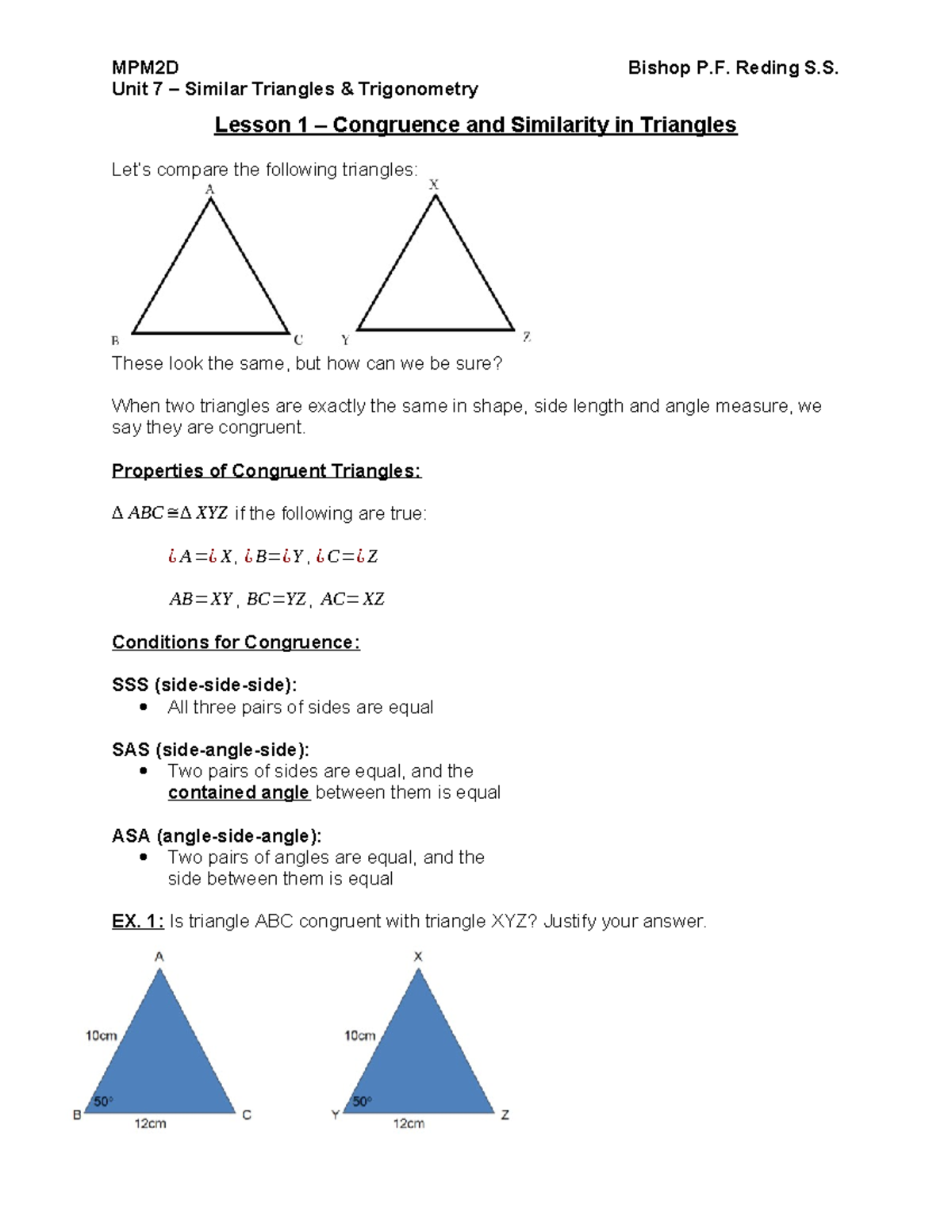 Lesson 1 - Congruence & Similarity in Triangles - MPM2D Bishop P ...