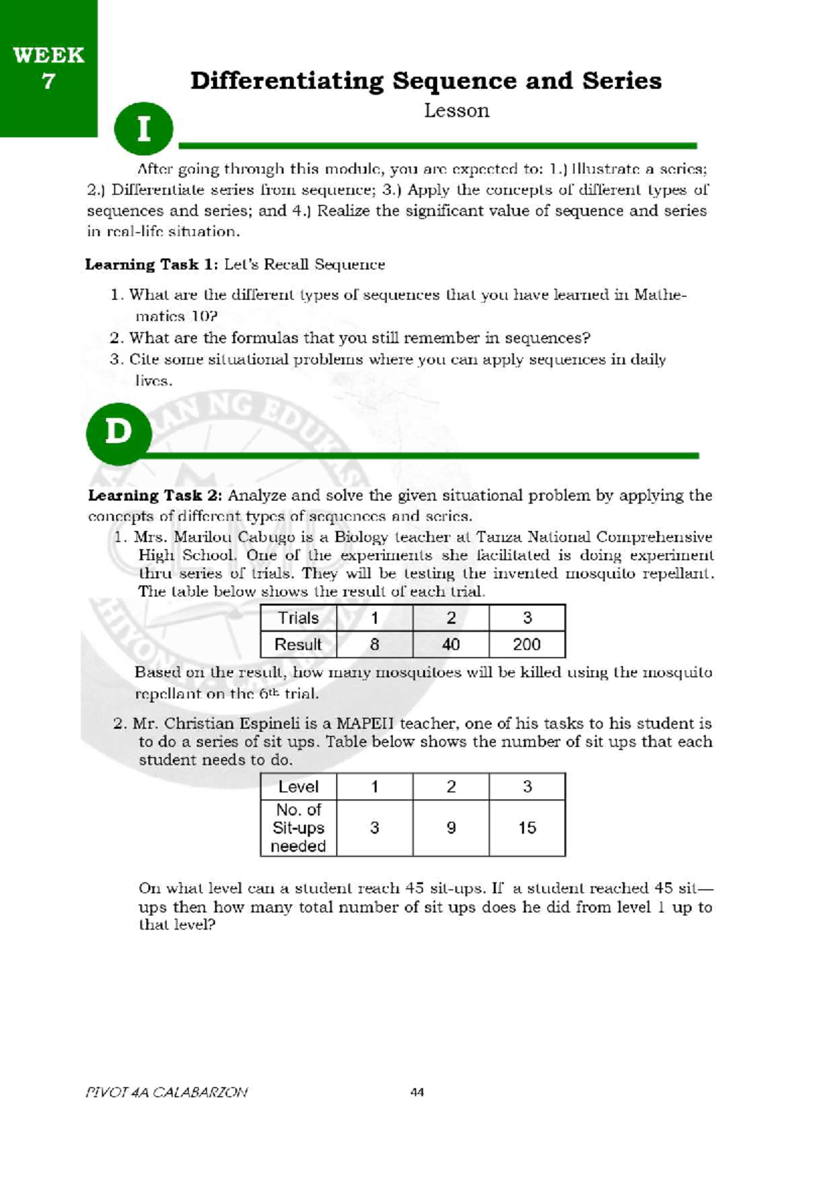 Pre-calculus q1w7 - Pre-calculus - WEEK 7 Differentiating Sequence and ...