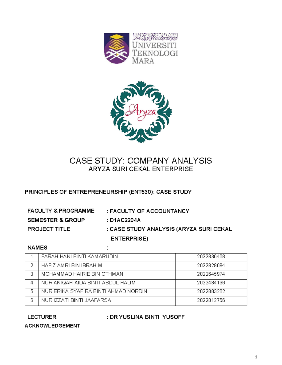Assessment 1 ENT530 CASE Study - CASE STUDY: COMPANY ANALYSIS ARYZA ...