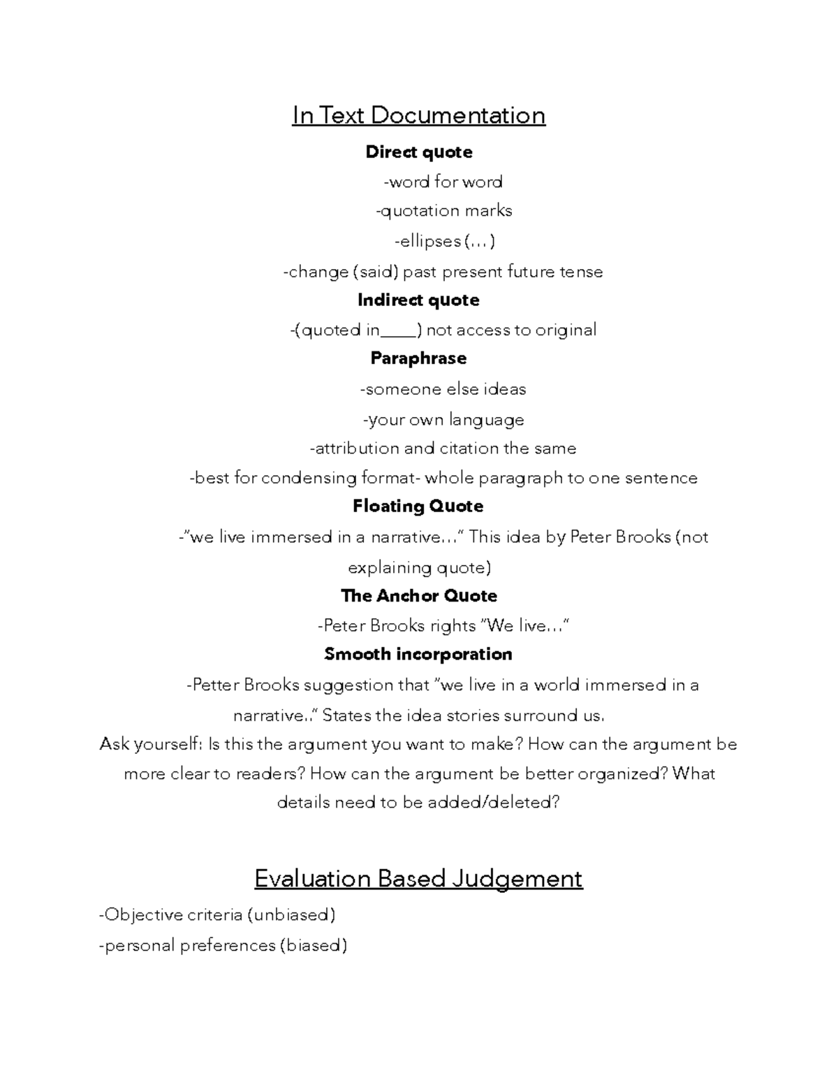 English 151 Notes - In Text Documentation Direct quote -word for word ...