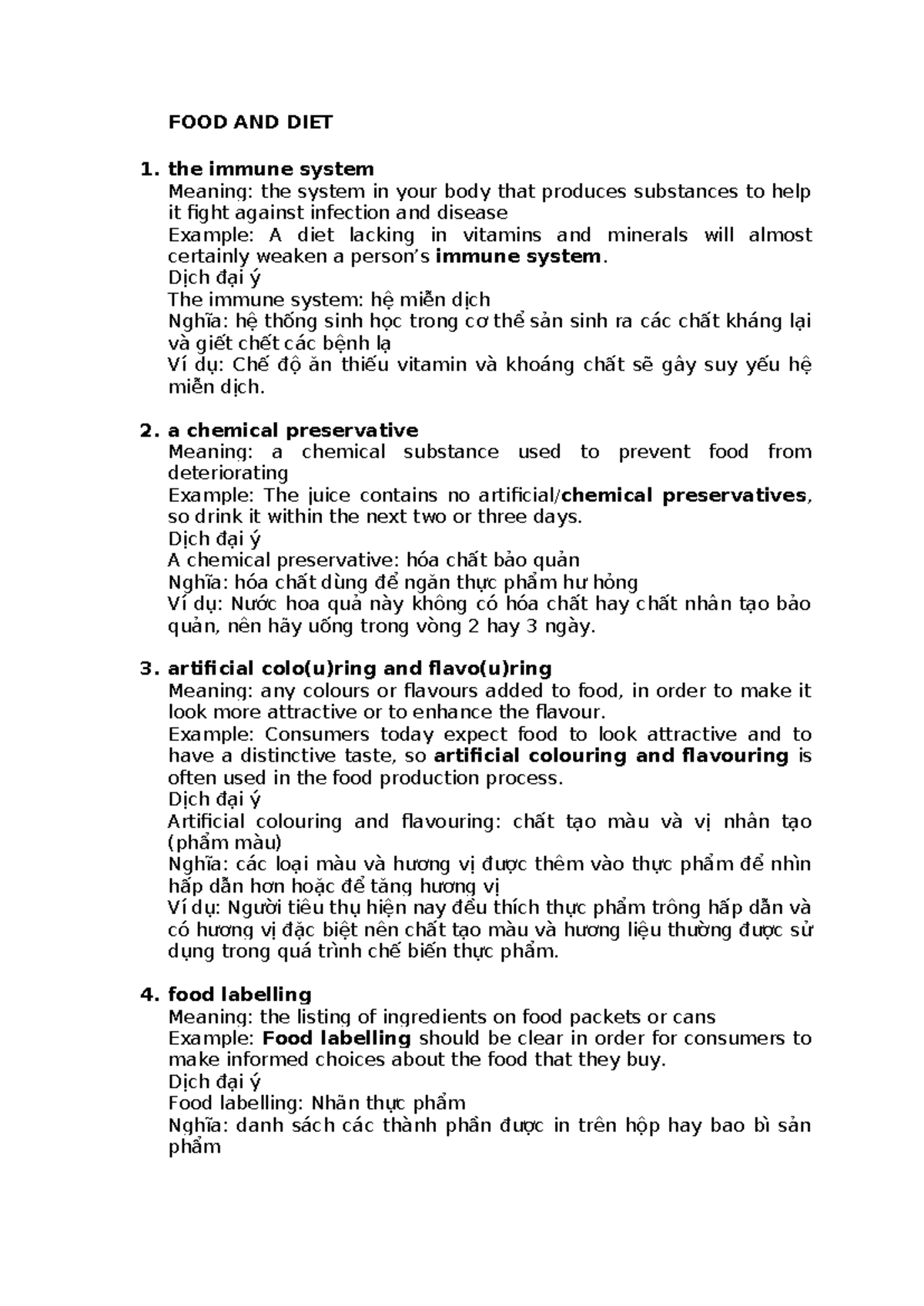 FOOD AND DIET - ielts - FOOD AND DIET the immune system Meaning: the ...