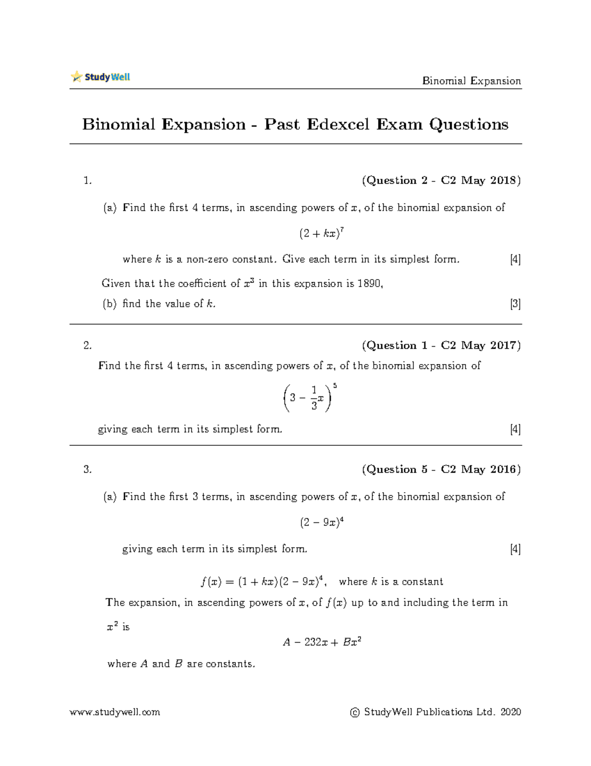 Binomial Expansion Exam Questions Binomial Expansion Past Edexcel