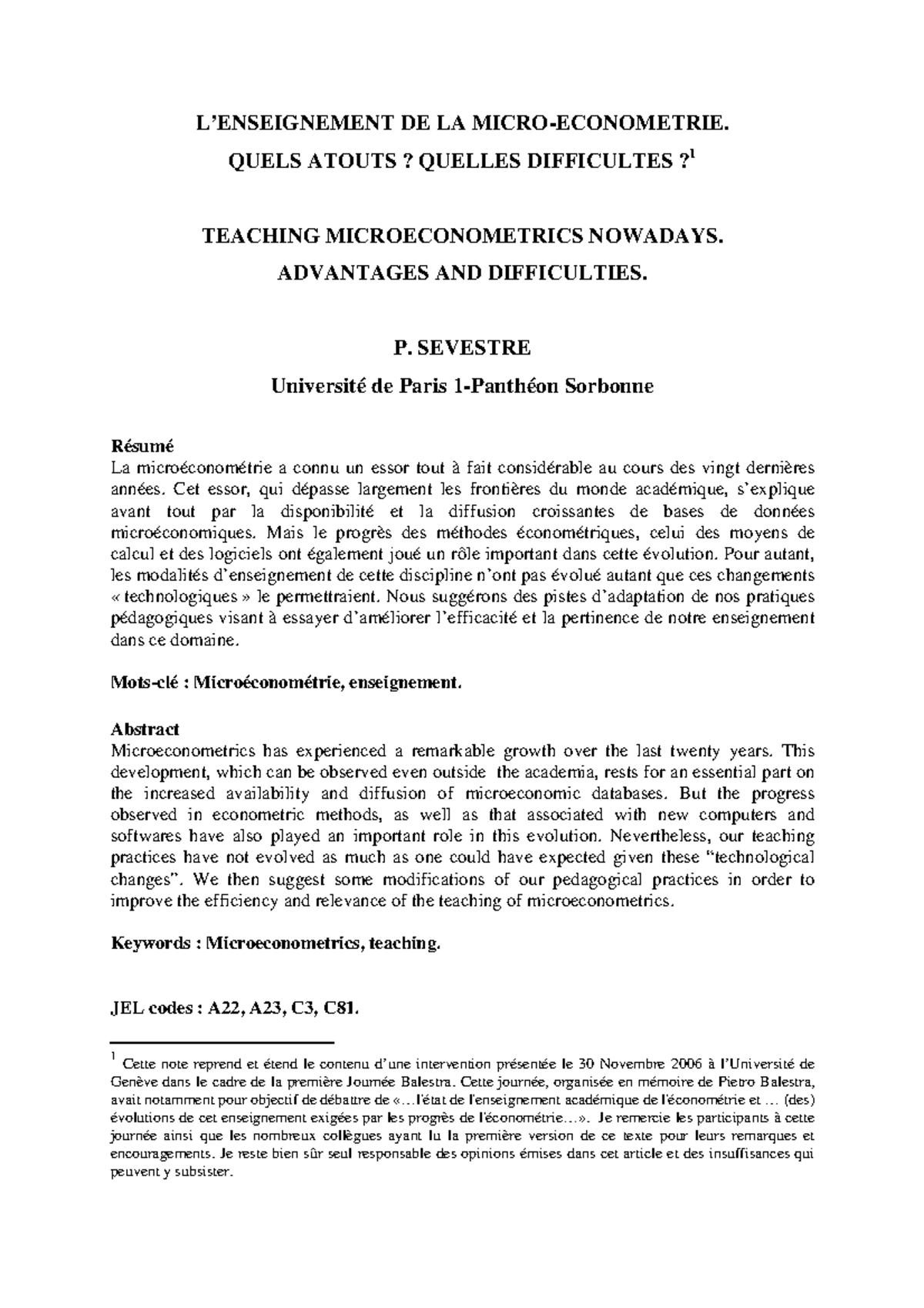 Microéconométrie - ertyu - L’ENSEIGNEMENT DE LA MICRO-ECONOMETRIE ...