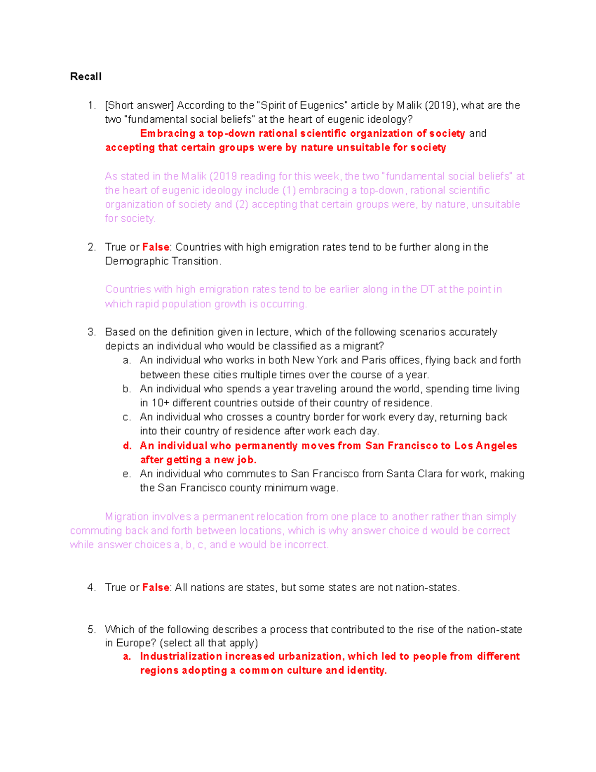 KEY Week 7 REPS - homwork - Recall 1. [Short answer] According to the ...