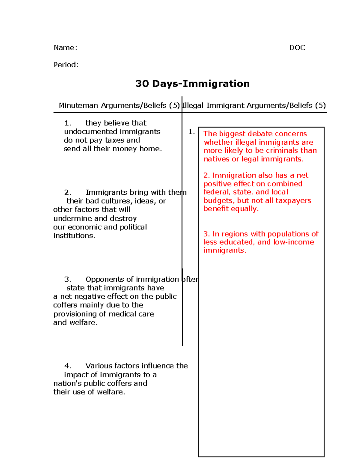 30 days immigration wkst - Name: DOC Period: 30 Days-Immigration ...
