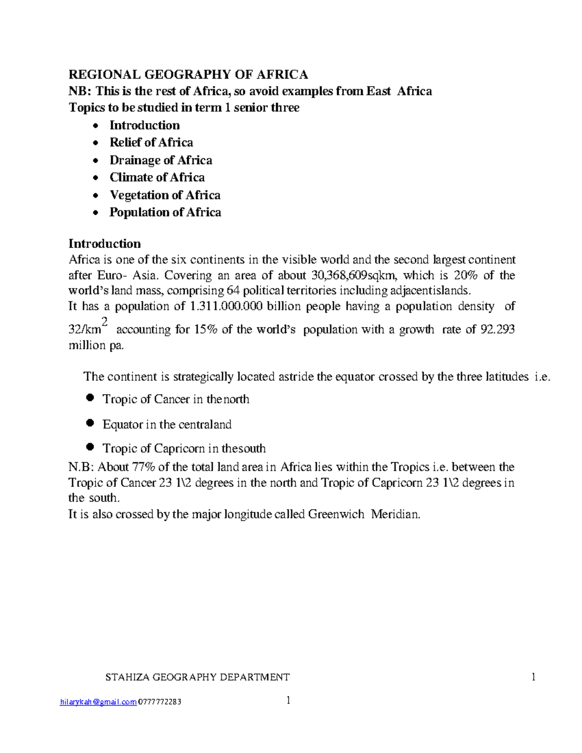 S3 Geography OF Africa Notes TERM 1 - 1 STAHIZA GEOGRAPHY DEPARTMENT 1 ...