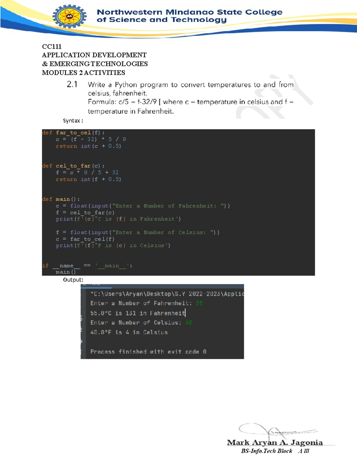 MARK Aryan Jagonia - Chapter 2 Activities - CC APPLICATION DEVELOPMENT ...