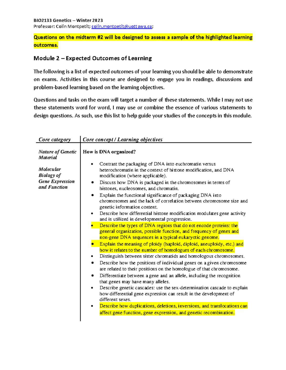 Module 2 - Exam LOs Midterm 2 - BIO2133 Genetics – Winter 20 23 ...