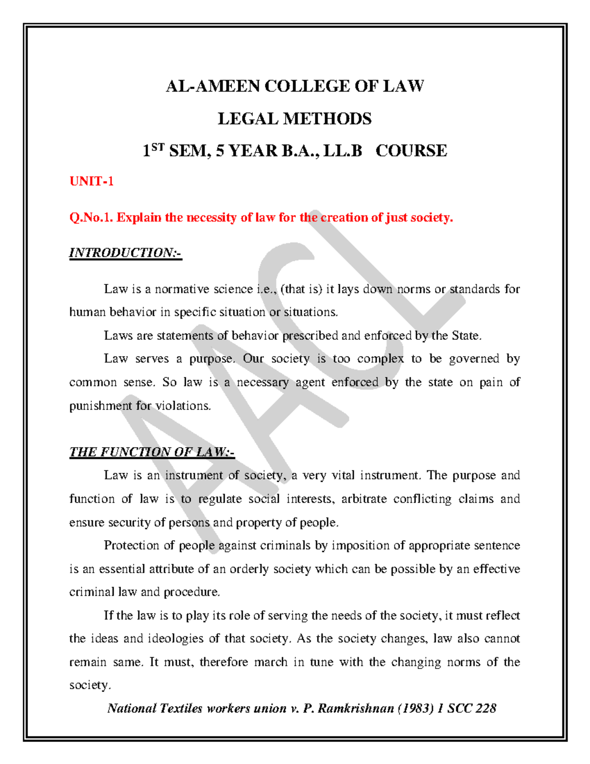 Legal Methods Notes - AL-AMEEN COLLEGE OF LAW LEGAL METHODS 1 ST SEM, 5 ...