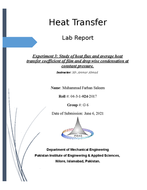 Ex 4 - assignment - Heat Transfer Lab Lab Report Experiment # 04 Study ...