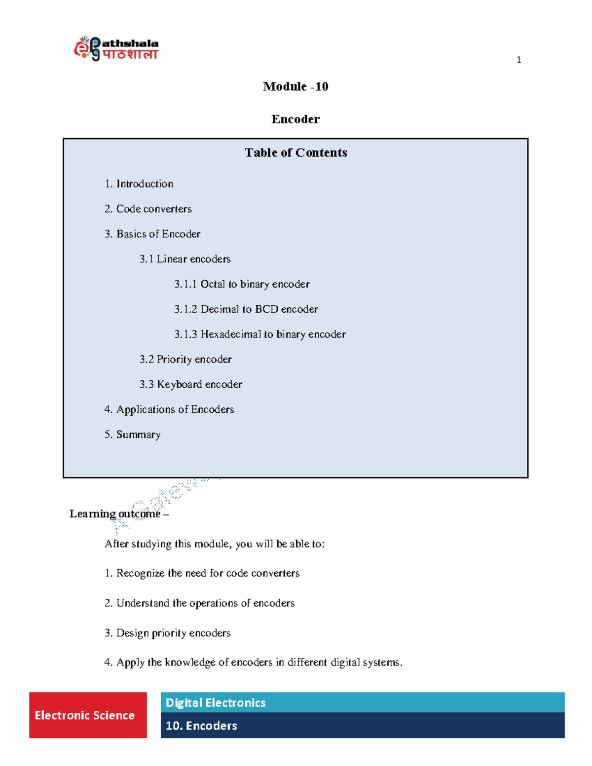 1459849221 et10 - Module -10 Encoder Table of Contents: 1. Introduction 2. Code converters - Studocu