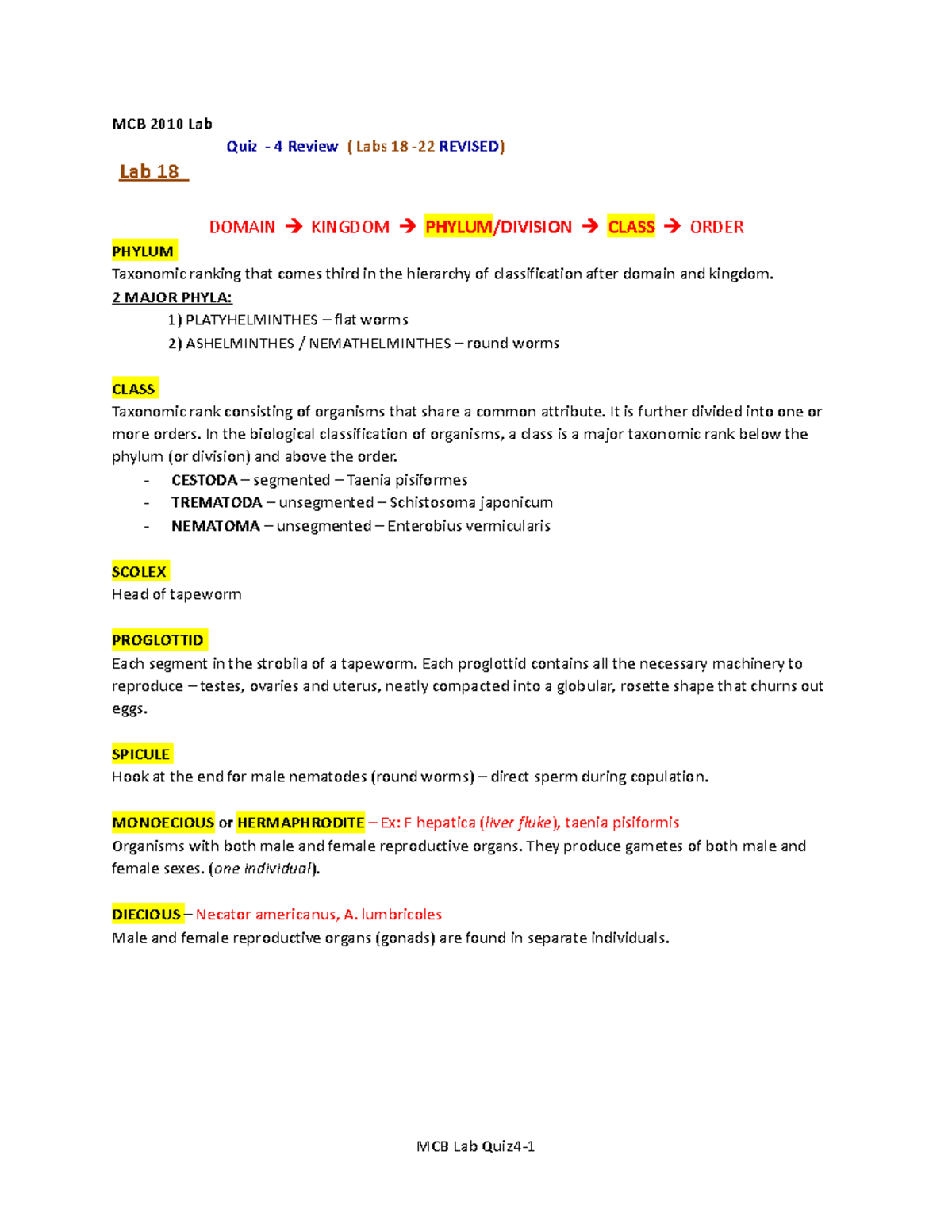 Lab-Quiz 4 Review 18-22 Revised - MCB 2010 Lab Quiz - 4 Review ( Labs ...