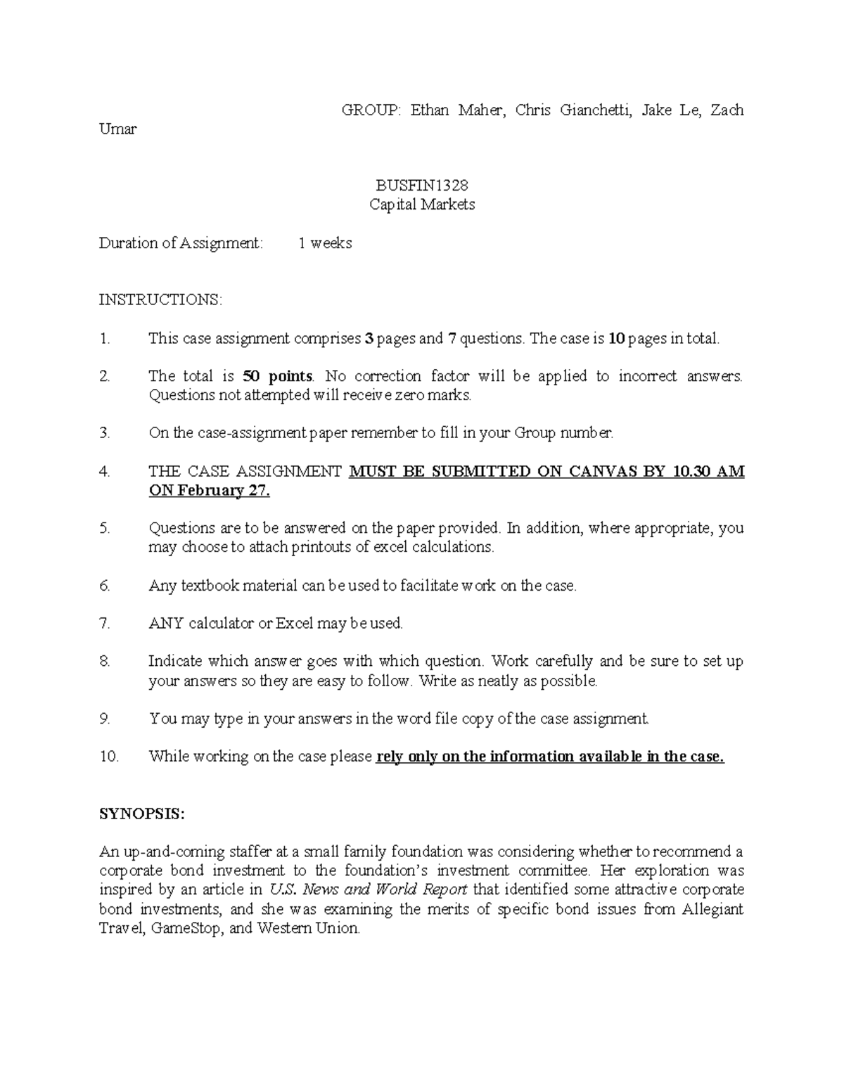 Case Assignment Wilson Busfin 1328 2024 - GROUP: Ethan Maher, Chris ...