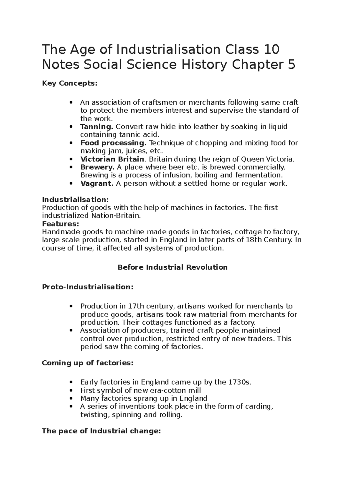 The Age of Industrialisation Class 10 Notes Social Science History ...