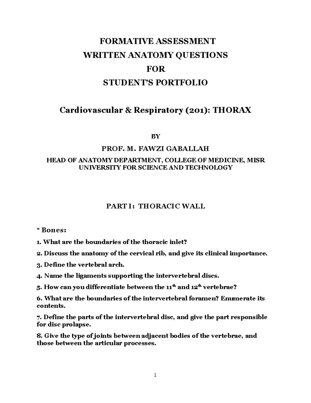 Formative assessment thorax questions - FORMATIVE ASSESSMENT WRITTEN ...