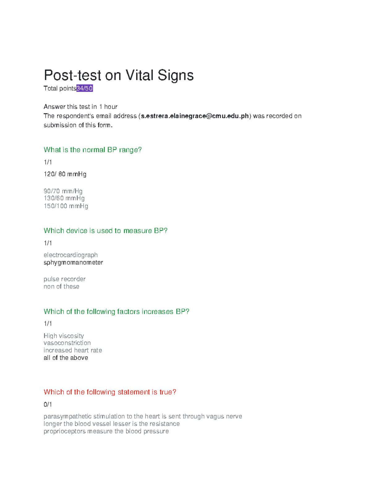 Post test Vital Signs - Post-test on Vital Signs Total points34/ Answer ...