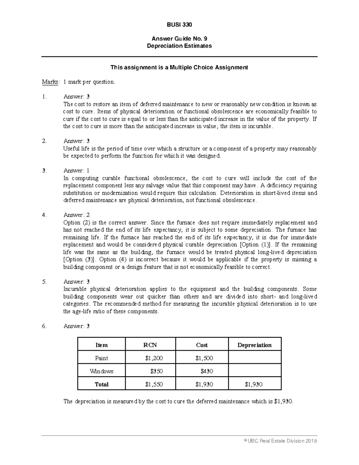 assignment 9 answer - BUSI 330 Answer Guide No. 9 Depreciation ...