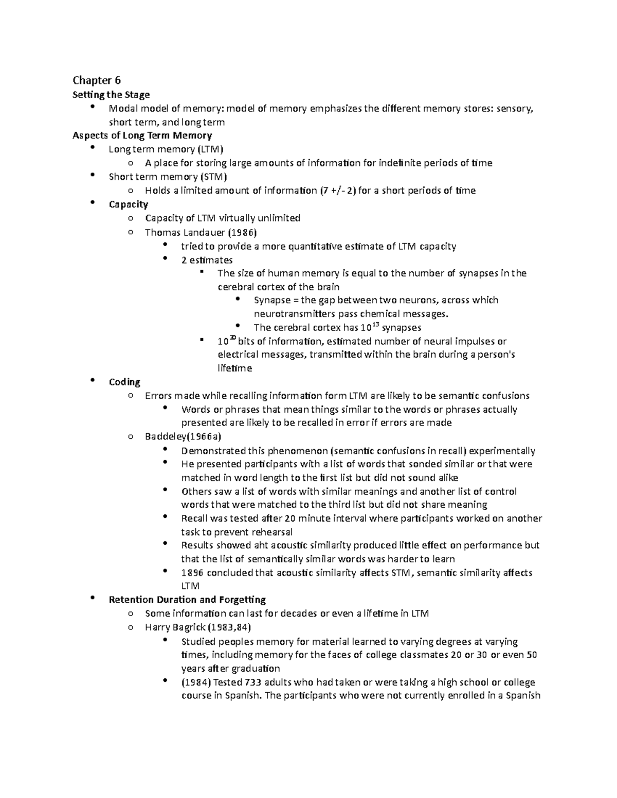 Final reading notes - Chapter 6 Setting the Stage Modal model of memory ...