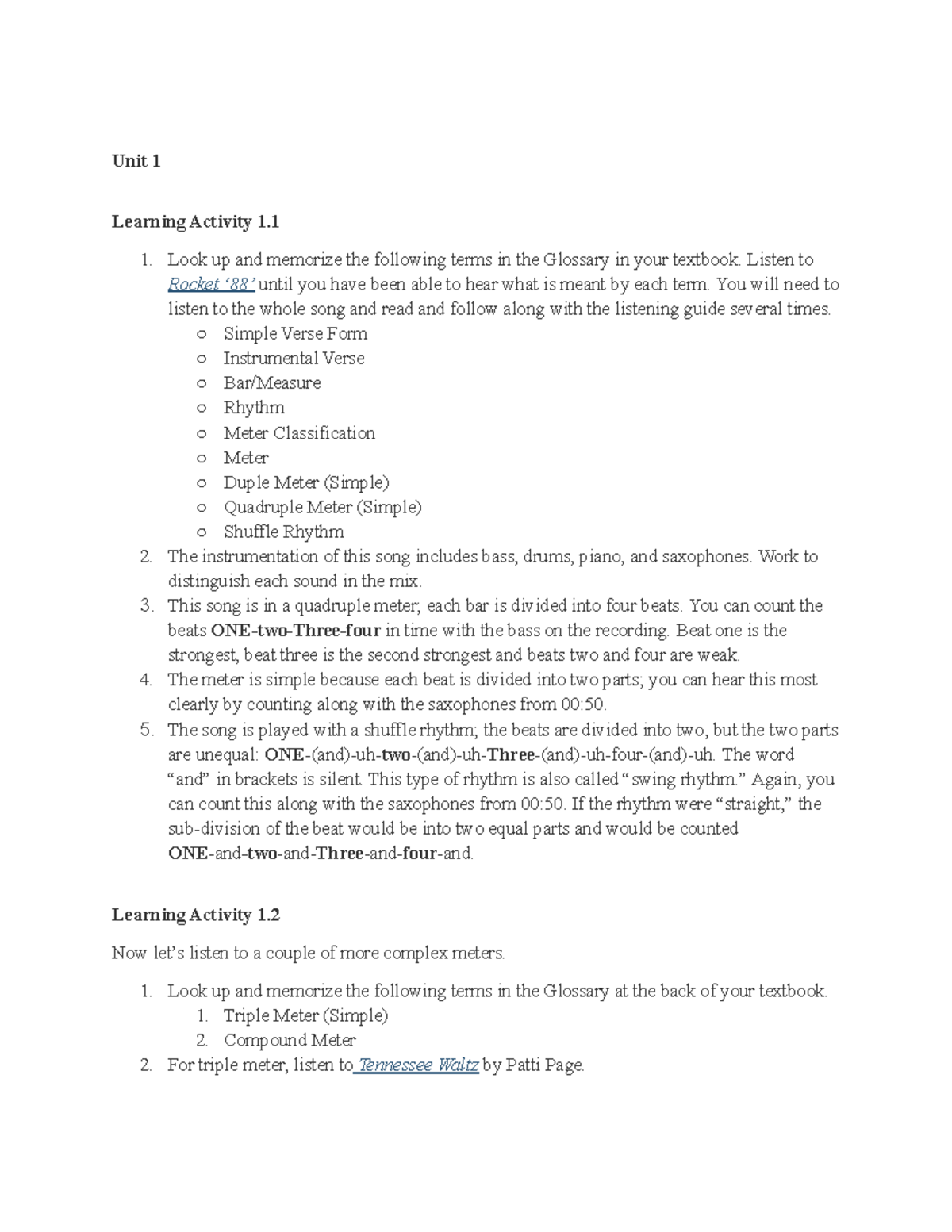 Music Notes for Unit 1 (Learning Activities) - Unit 1 Learning Activity ...