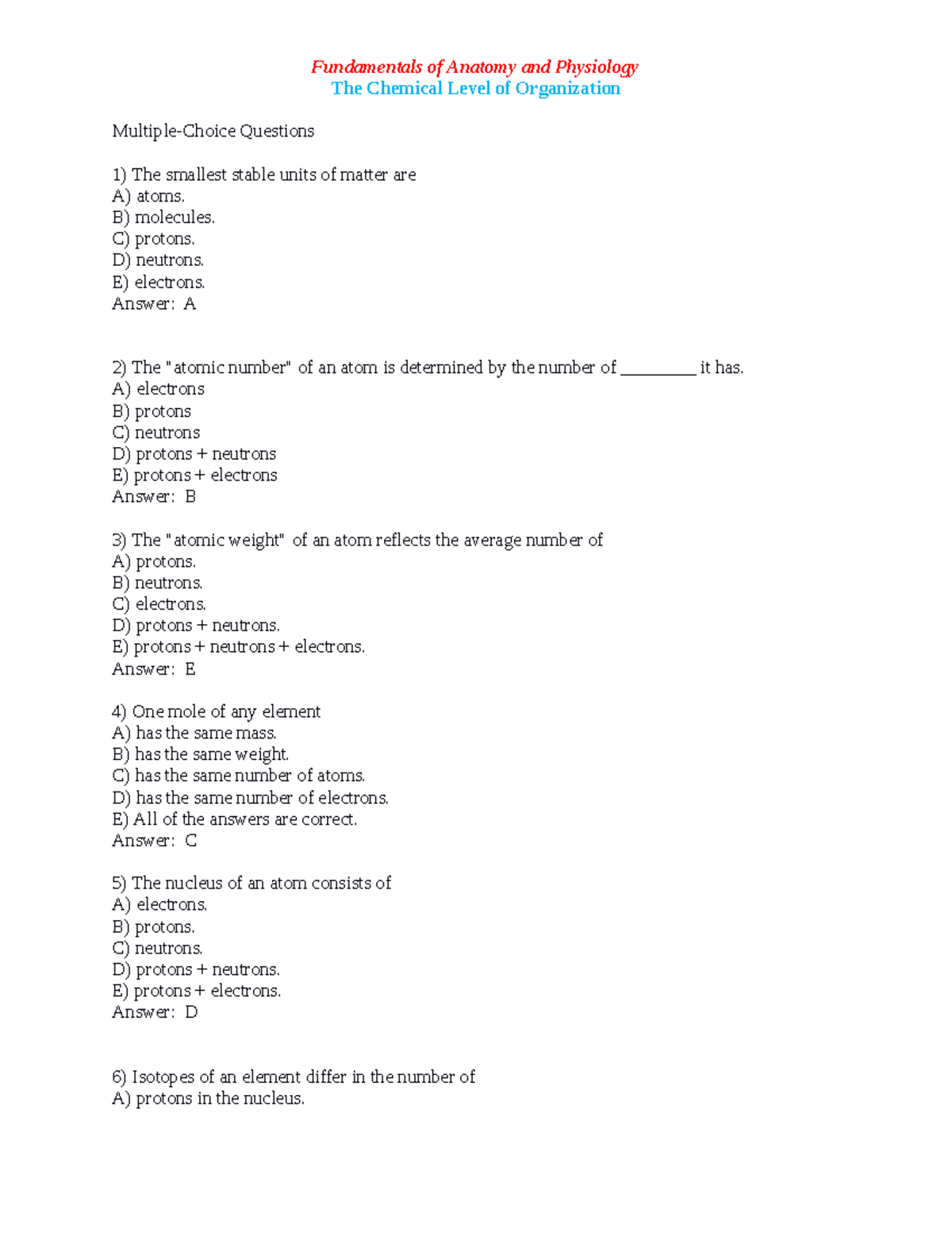 The Chemical Level of Organization - Fundamentals of Anatomy and ...