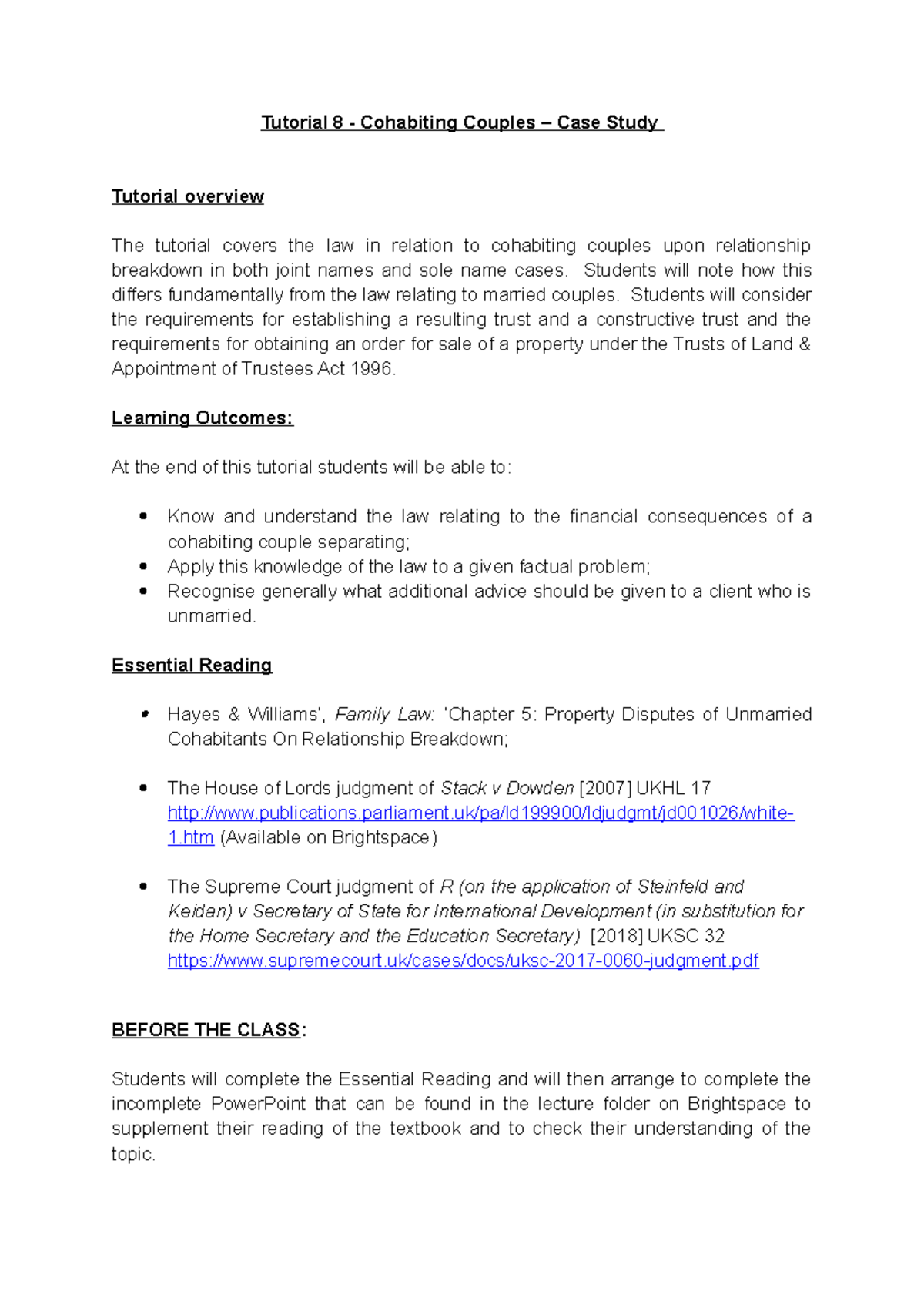 Tutorial 8 family law - Tutorial 8 - Cohabiting Couples – Case Study ...