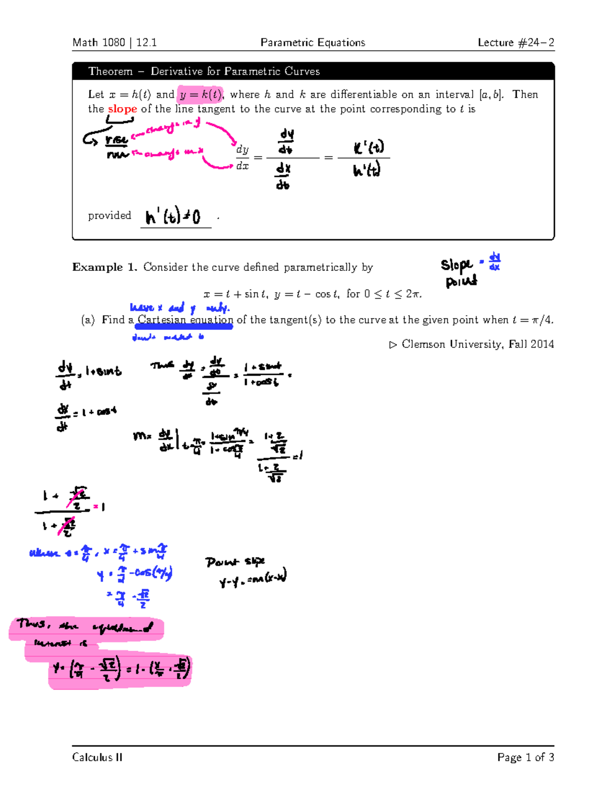 24-2 lecture+notes 2 - This is notes on Parametric equations - Math ...