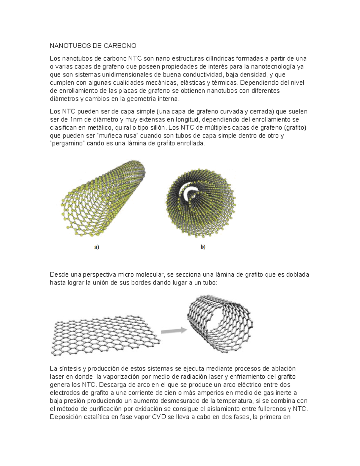 Nanotubos DE Carbono - Nota: 4 - NANOTUBOS DE CARBONO Los nanotubos de carbono NTC son nano ...