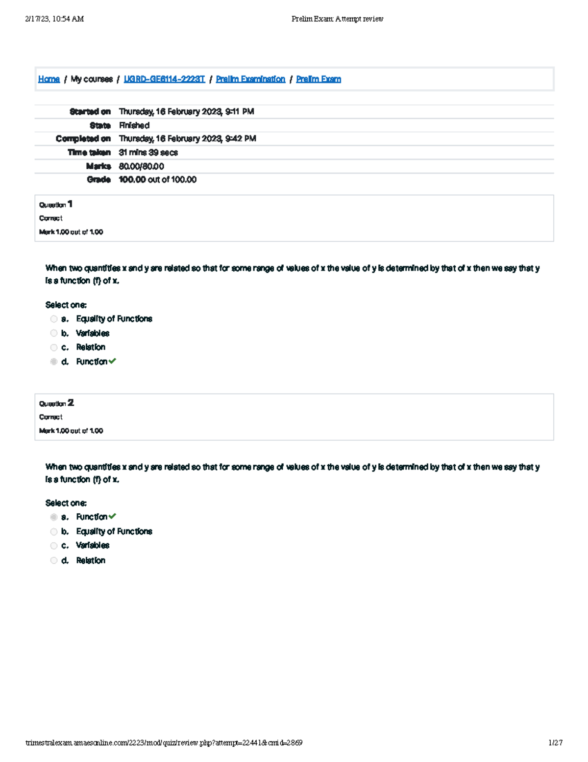 Prelim-Exam -Attempt-review 3 - Home / My courses / UGRD-GE6114-2223T / Prelim Examination ...