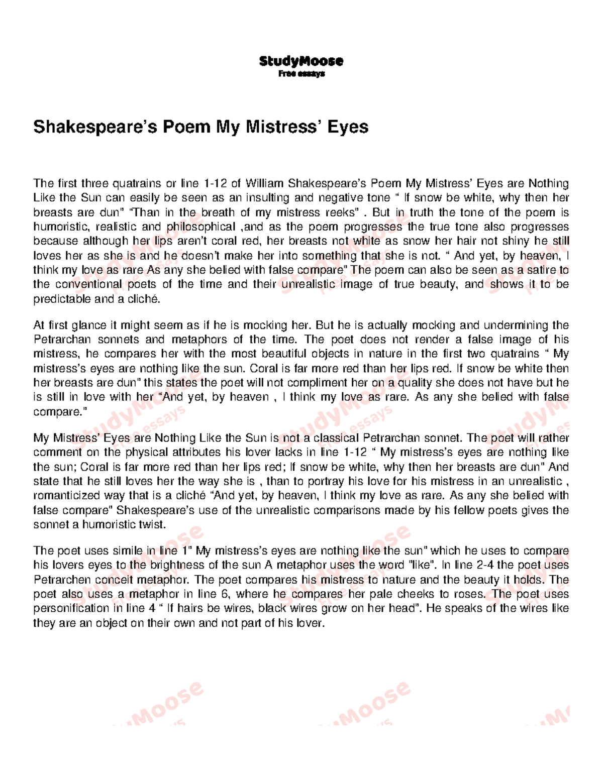 Shakespeare’s Poem My Mistress’ Eyes - But in truth the tone of the ...