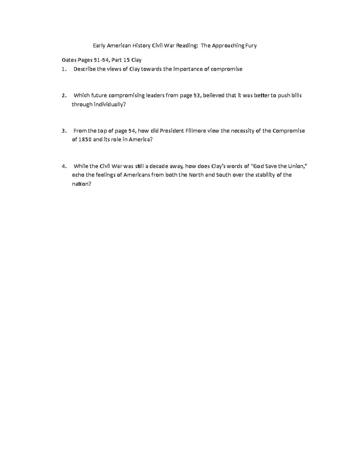 Early American History Civil War Reading pgs 91-94 - Early American ...