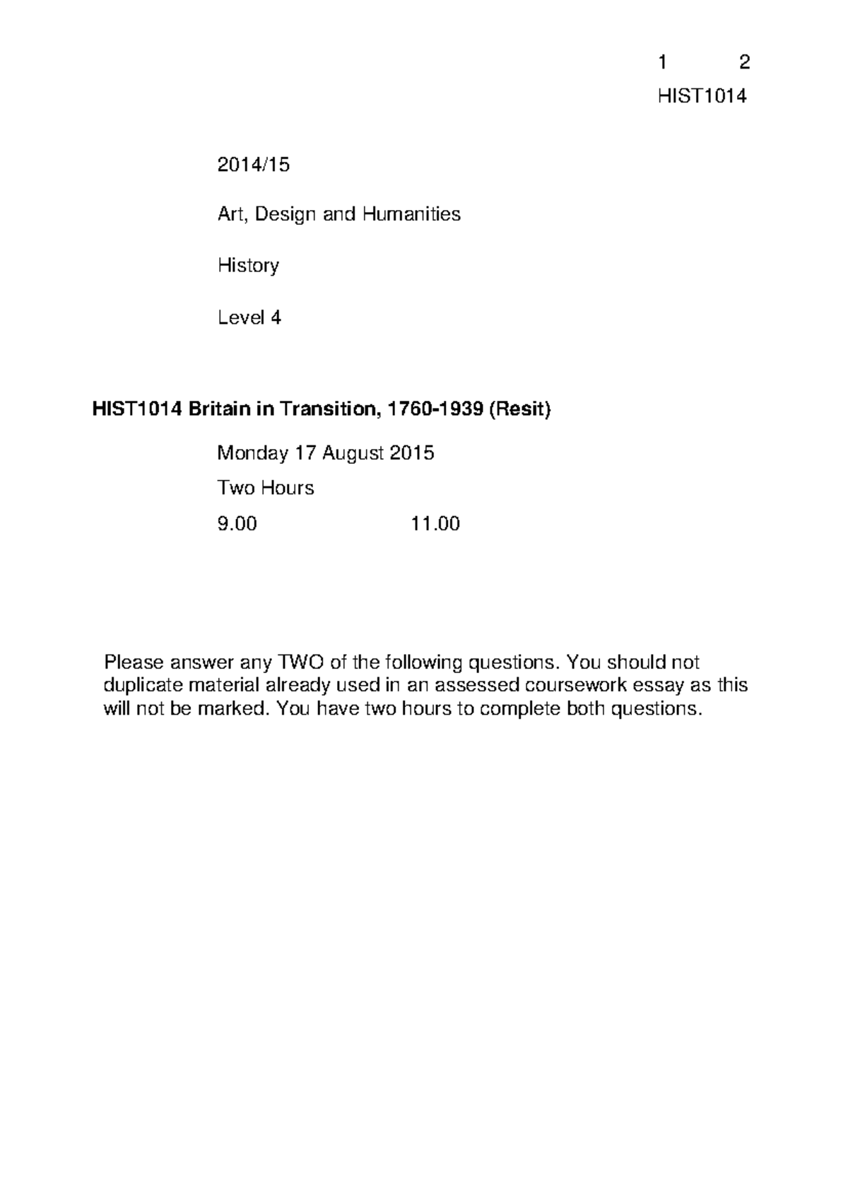 Britain in Transition, 1760-1939 (Resit) - Please answer any TWO of the ...