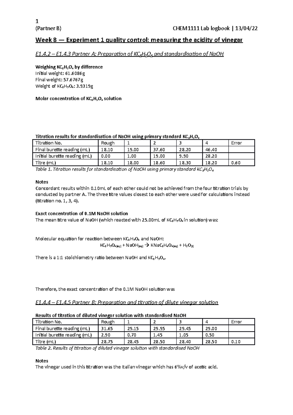 Week8 - E2 logbook on the titrations experiment. All criteria addressed ...