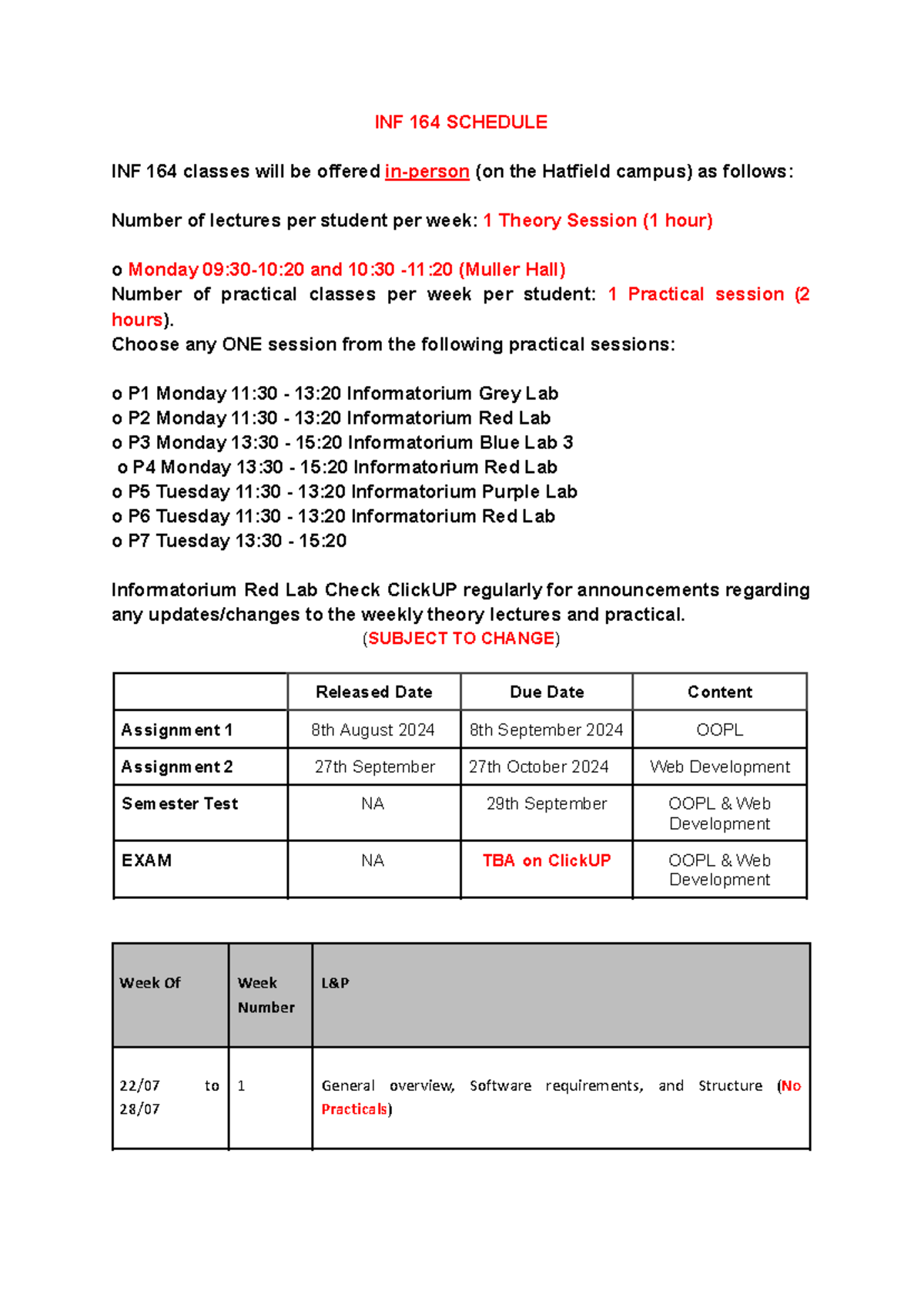 INF164 Schedule - INF 164 SCHEDULE INF 164 classes will be offered in-person (on the Hatfield ...