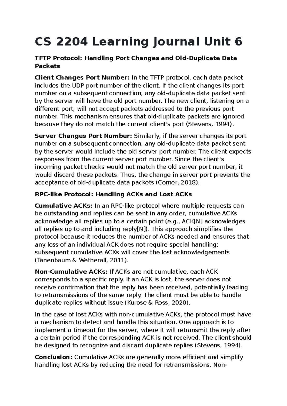 CS 2204 Learning Journal Unit 6 - If the client changes its port number on a subsequent ...