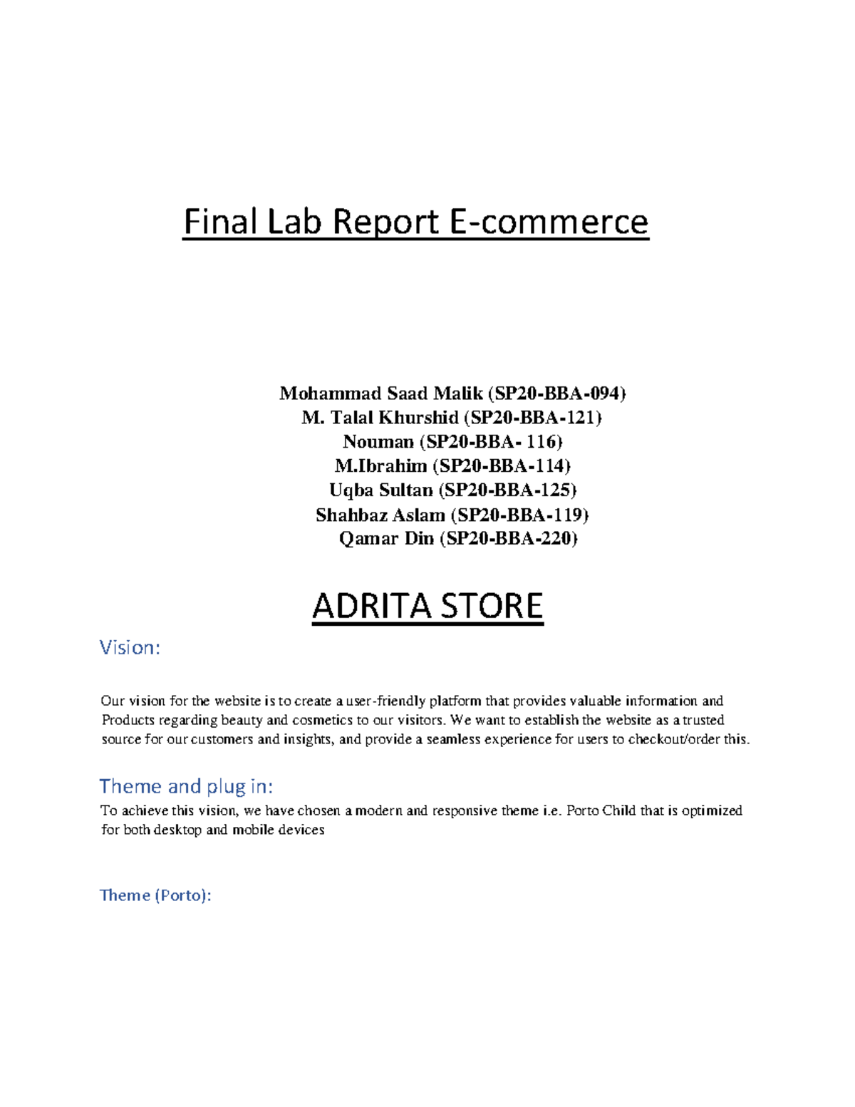 Ecom final report - Final Lab Report E-commerce Mohammad Saad Malik (SP20-BBA-094) M. Talal ...