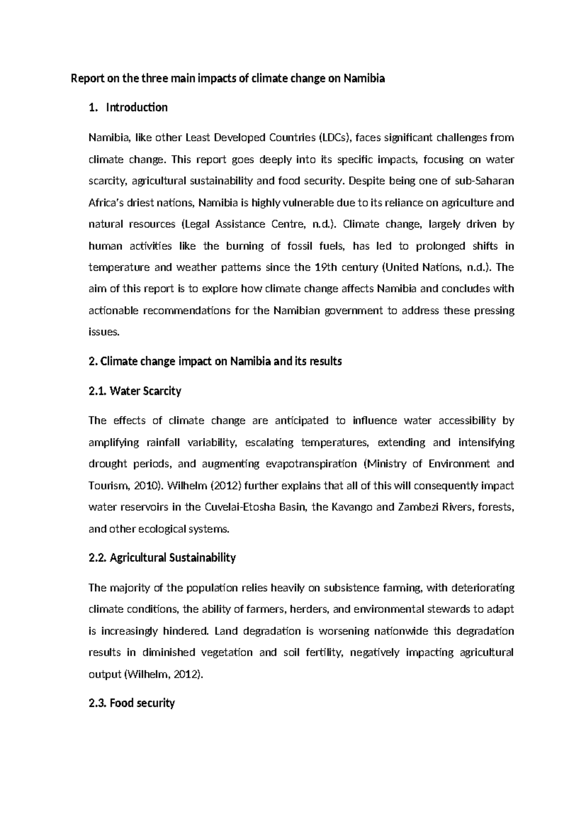 Report on the three main impacts of climate change on Namibia ...
