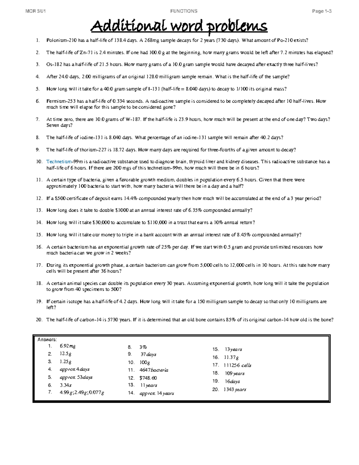 U1 Additional Word Problems - MCR 3U1 FUNCTIONS Page 1- 3 Additional ...