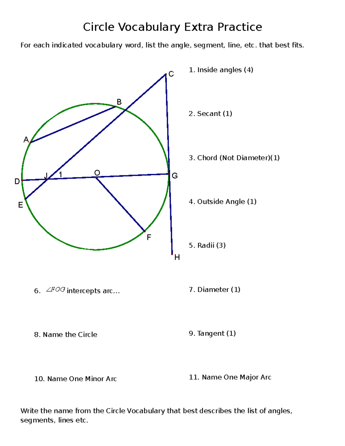 Circle vocabulary extra practice - For each indicated vocabulary word ...