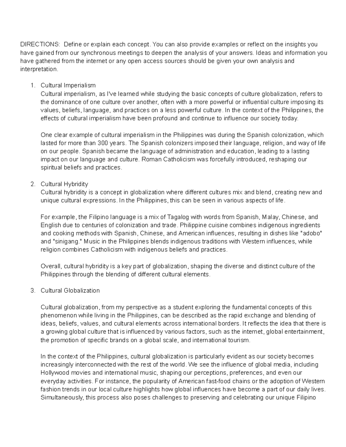 Assignment Basic Concepts in Cultural Globalization - DIRECTIONS ...