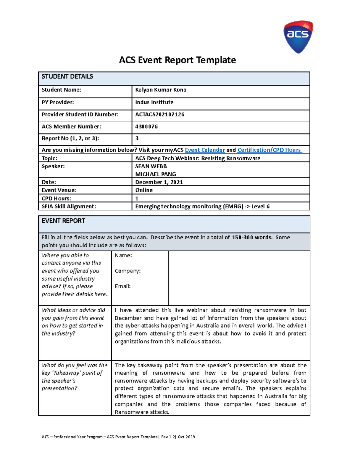 ACS Events Report 3 - PY 2022 - ACS Event Report Template STUDENT DETAILS Student Name: Kalyan ...