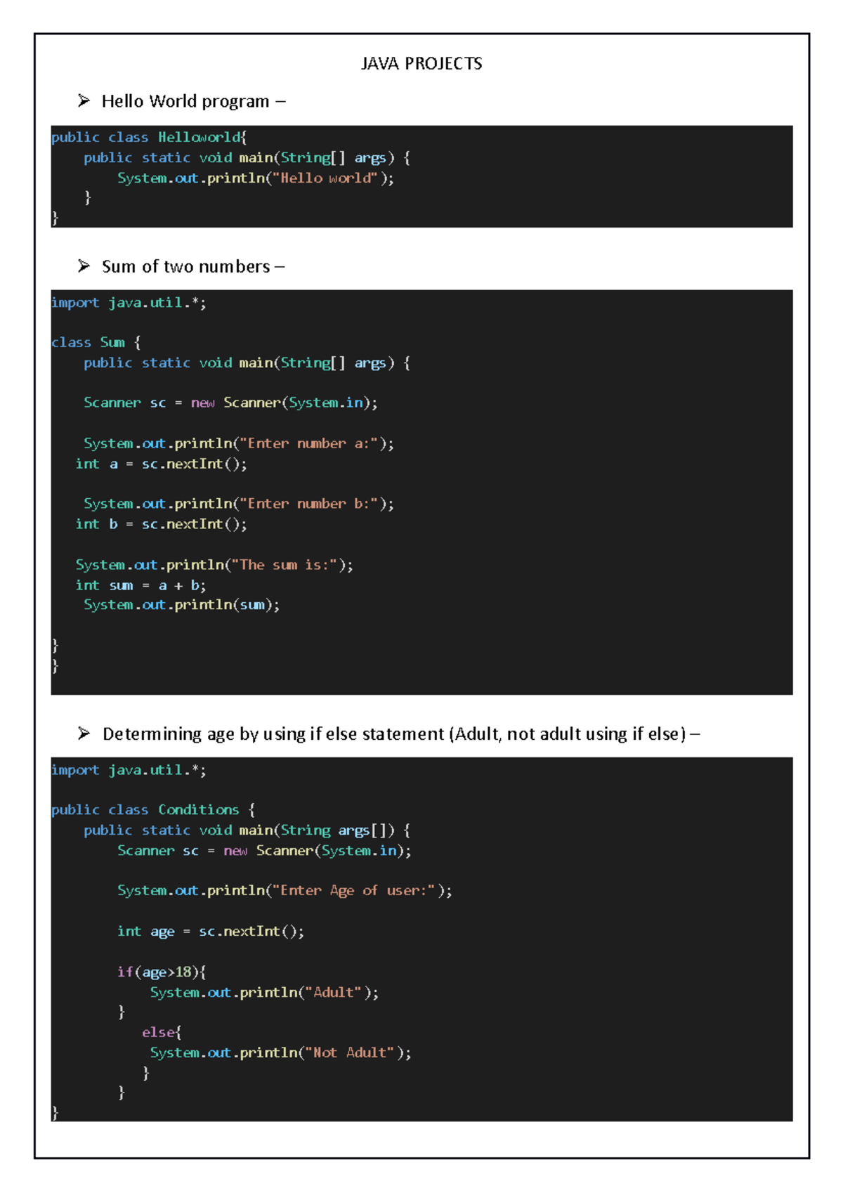 Java Programs Java Projects Hello World Program Public Class