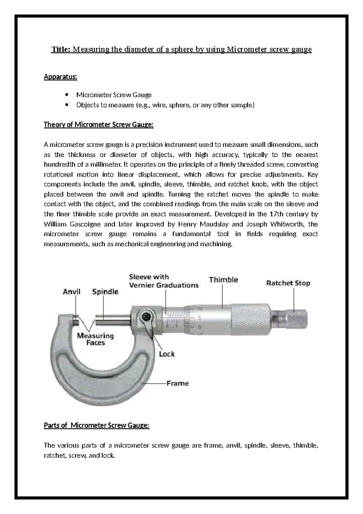 Lab Report - ... - Title: Measuring the diameter of a sphere by using ...